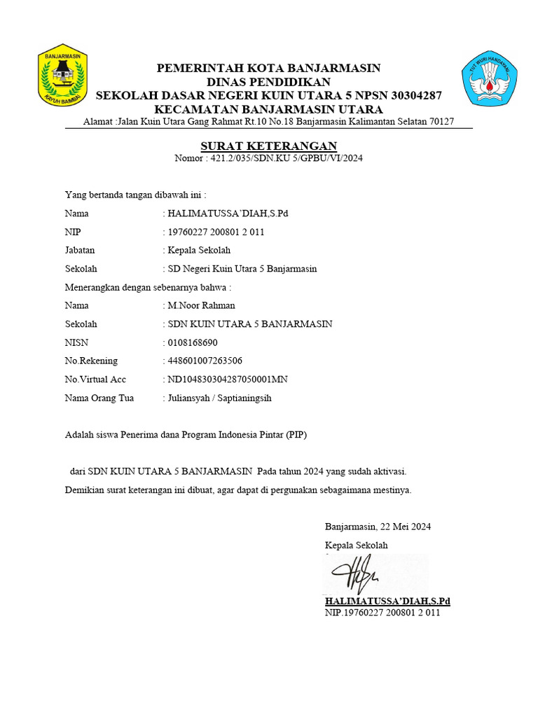 Surat Keterangan Dapat Pip Atau Kip | PDF