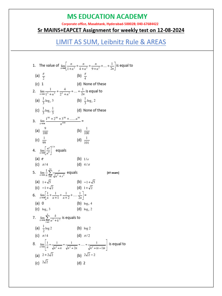 SR Mains+Eapcet-maths Assignment For Weekend 12th Aug 2024 (Definite Integration & Areas) | PDF ...