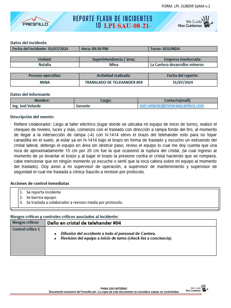 Formato Reporte Flash TELEHANDER #04 (Daño A Crital de Cabina) T-2 (31-07-24) | PDF
