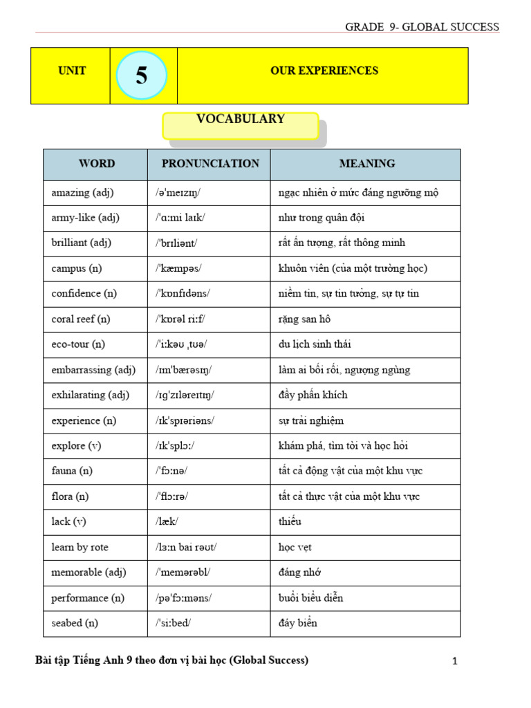 Vocabulary Vocabulary: Unit Our Experiences | PDF