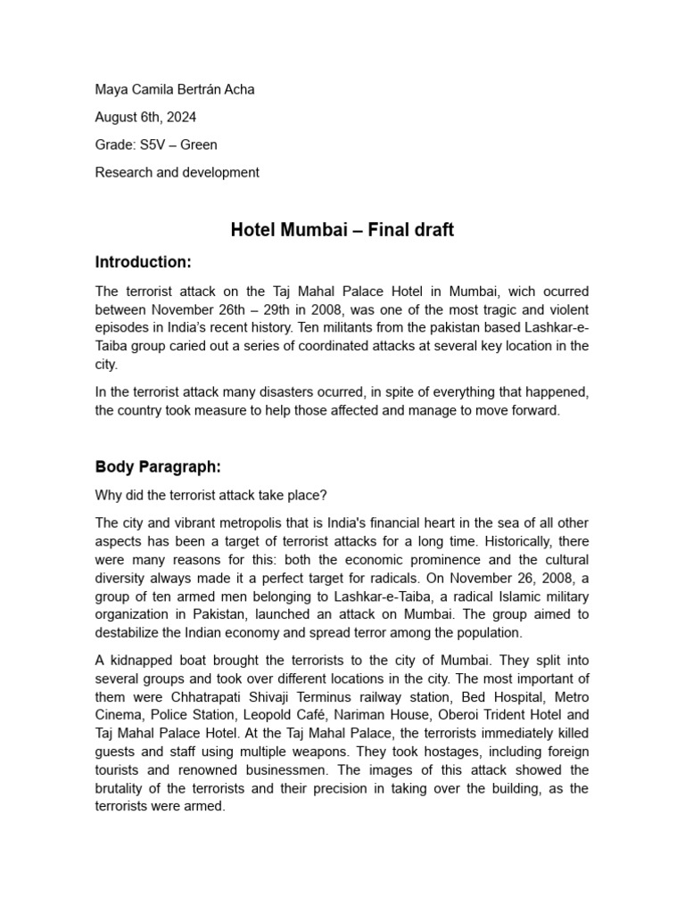 Maya Beltran - Hotel Mumbai - RyD | PDF | National Security ...