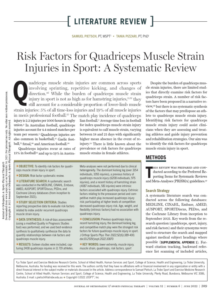 Risk Factors For Quadriceps Muscle Strain Injuries in Sport: A ...