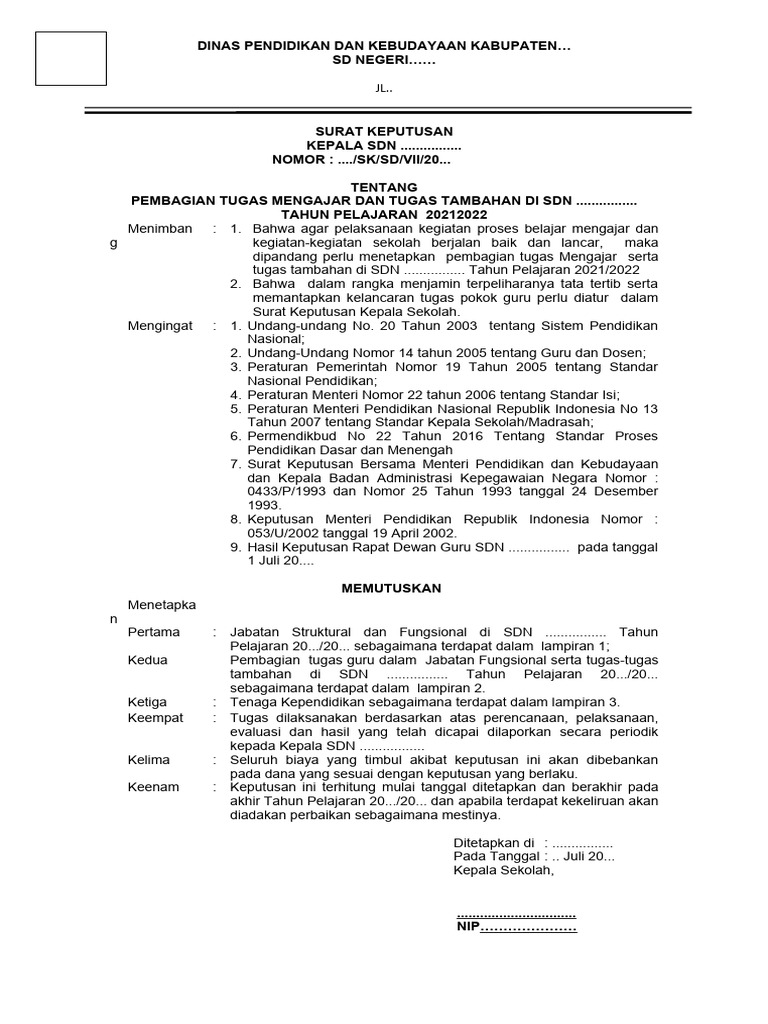 SK Pembagian Tugas Guru Dan Tugas Tambahan | PDF