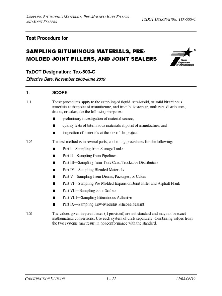 Sampling Bituminous Materials, Pre-Molded Joint Fillers, and Joint ...