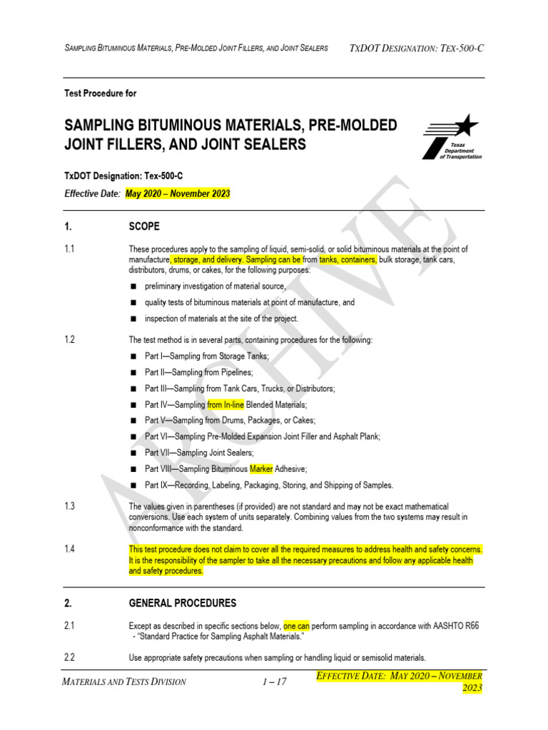 Sampling Bituminous Materials, Pre-Molded Joint Fillers, and Joint ...