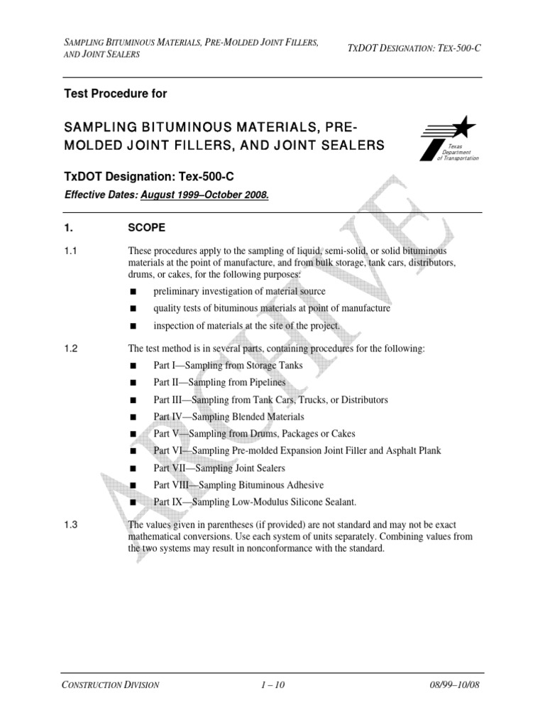 Sampling Bituminous Materials, Pre-Molded Joint Fillers, and Joint ...