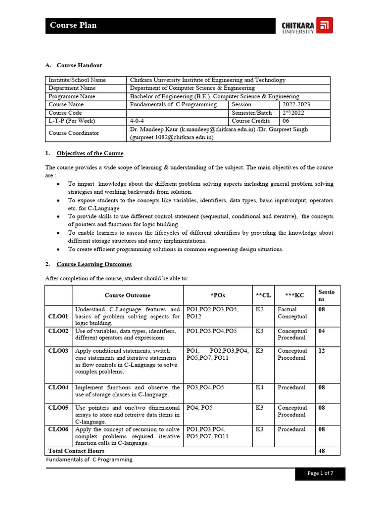 CHO - C - Language - RevisedBloom's - ERISE Mapping | PDF | Control Flow | Pointer (Computer ...
