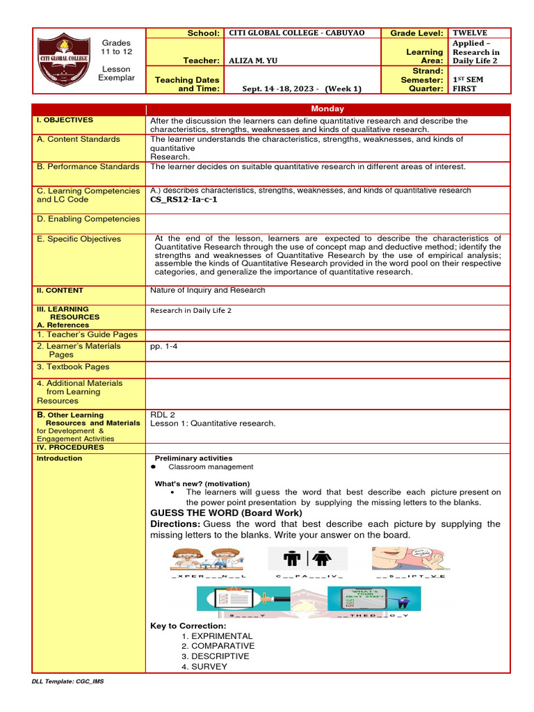 Le - G12 - Week-1-Research 2 - Final | PDF | Quantitative Research | Methodology