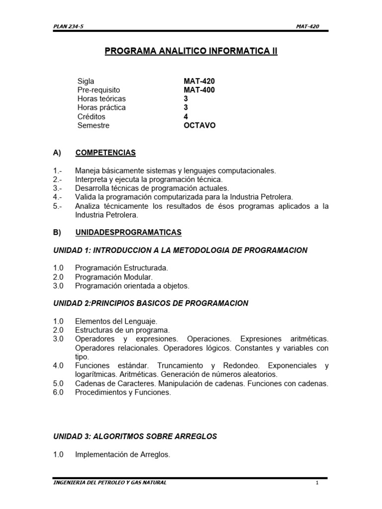 PROGRAMA ANALITICO Informatica II | PDF | Programación de computadoras | Algoritmos