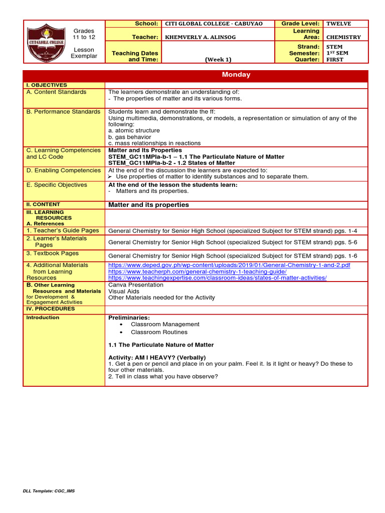 Le G11 Week-1-Chemistry Draft | PDF | Matter | Liquids