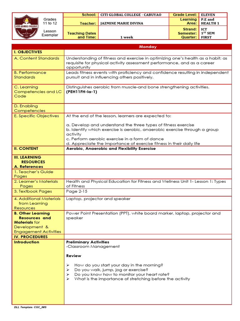 Le g11 Week 1 Physical Education | PDF | Aerobic Exercise | Physical ...
