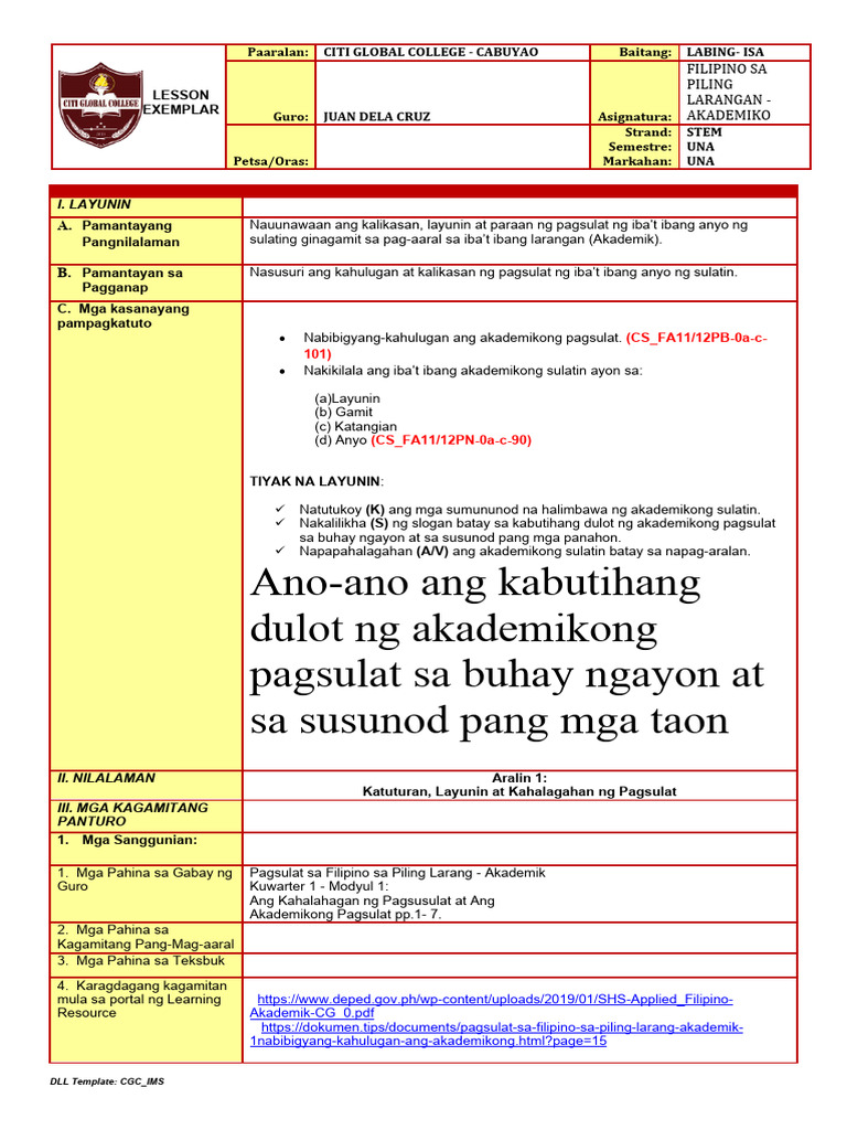 Le g11 Week 1 Filipino Sa Piling Larangan Draft | PDF