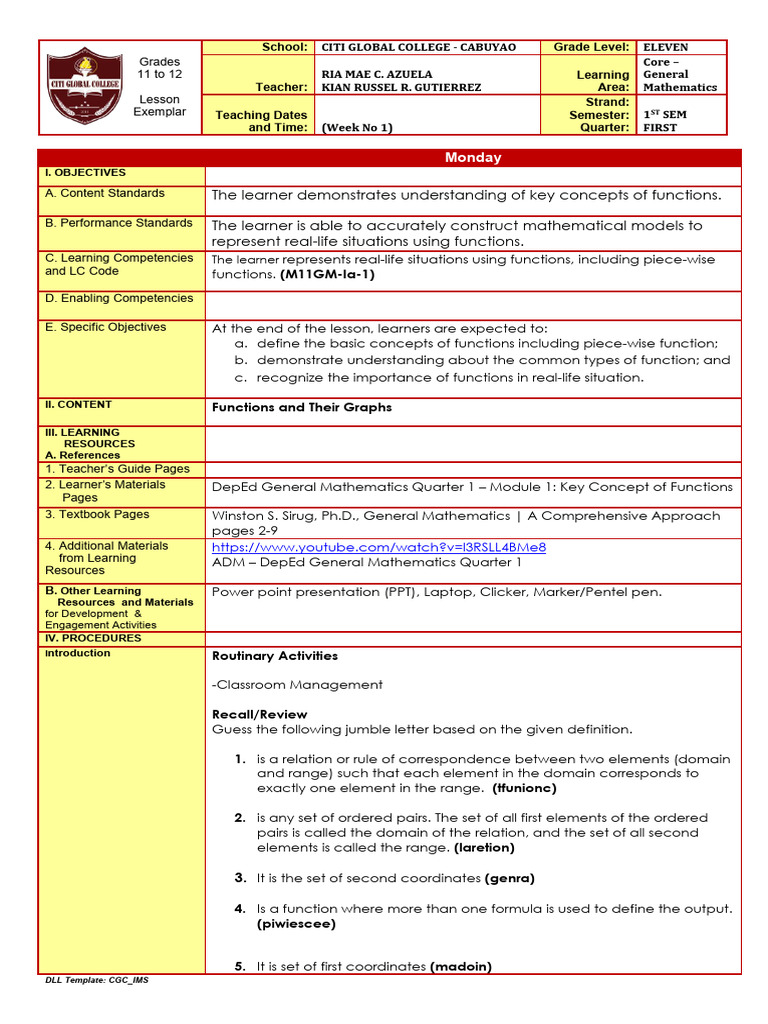 Le Gr11 Week 1 General Mathematics Draft | PDF | Function (Mathematics) | Polynomial