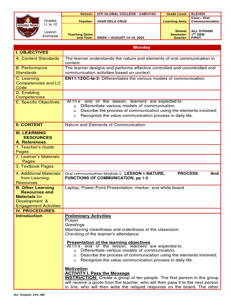 Le g11 Week 1 Oral Communication Draft | PDF | Communication | Human ...