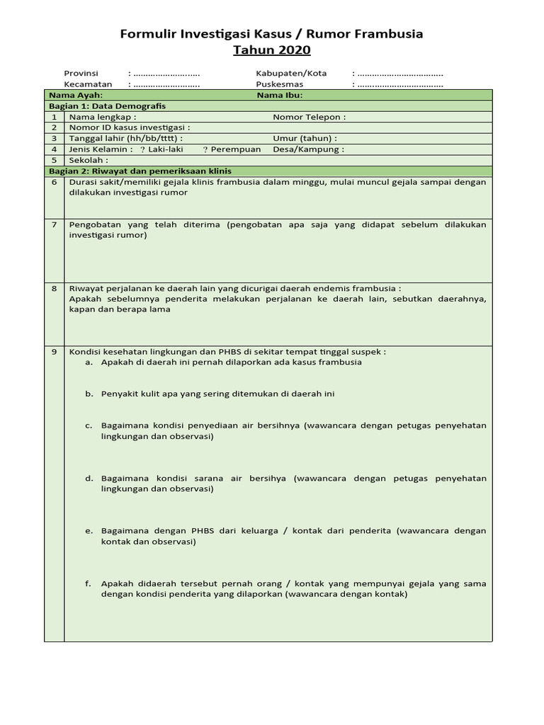 Formulir Investigasi Kasus Frambusia | PDF
