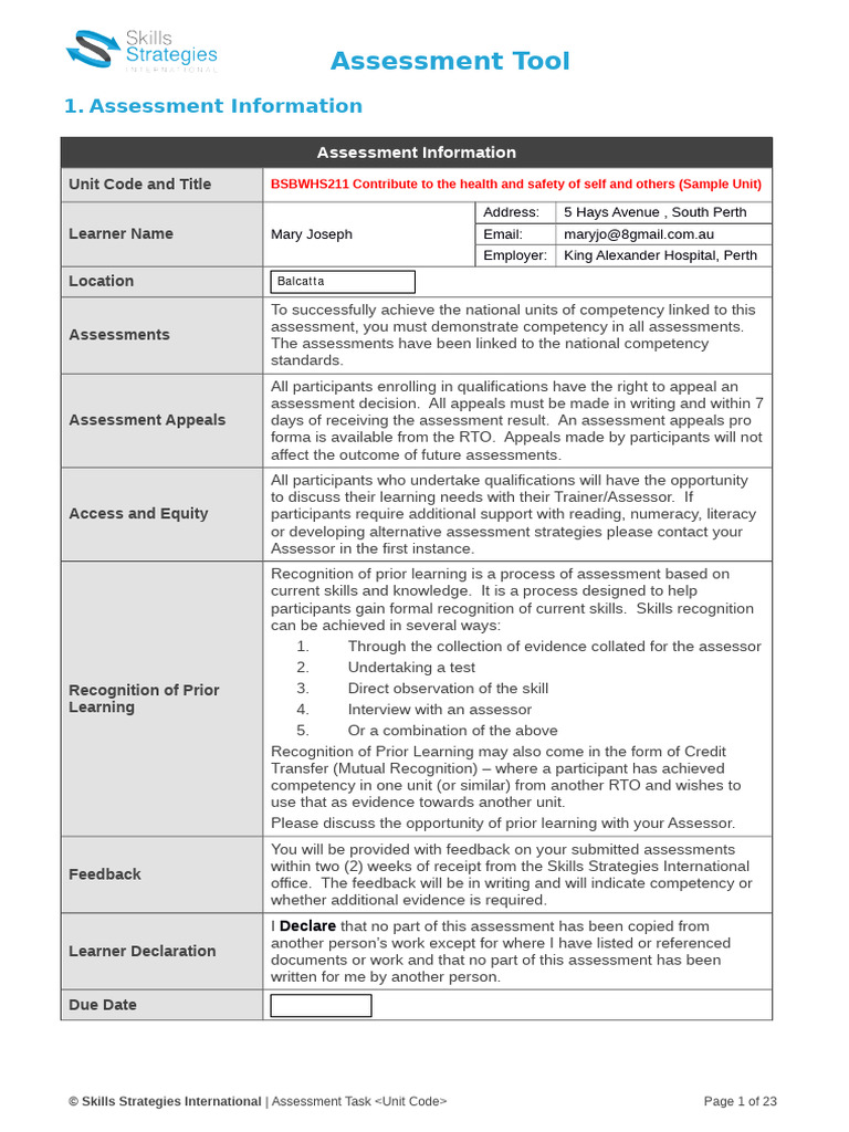 Assessment Tool BSBWHS211 | PDF | Occupational Safety And Health ...