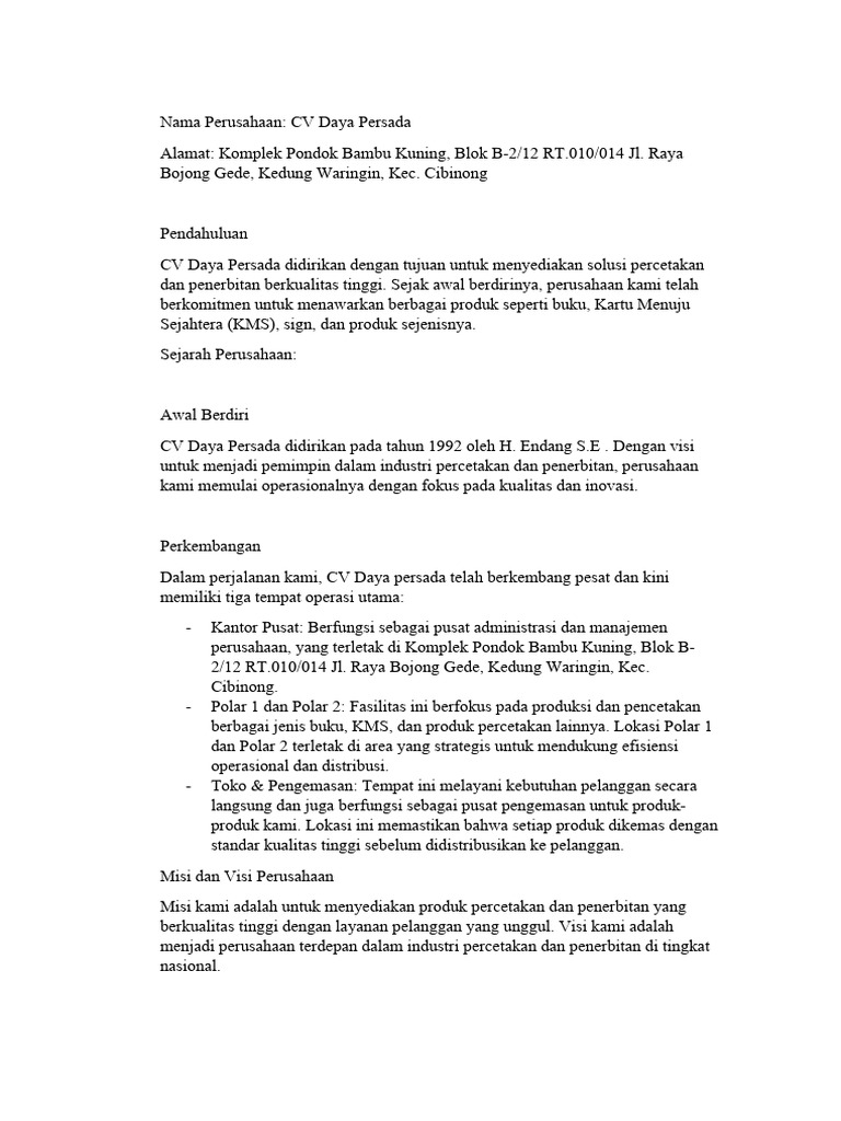 Sejarah CV. Daya Persada | PDF