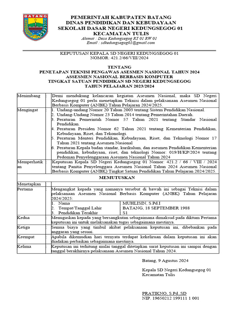 SK Teknisi ANBK Tahun 2024 Tingkat Satuan Pendidikan | PDF