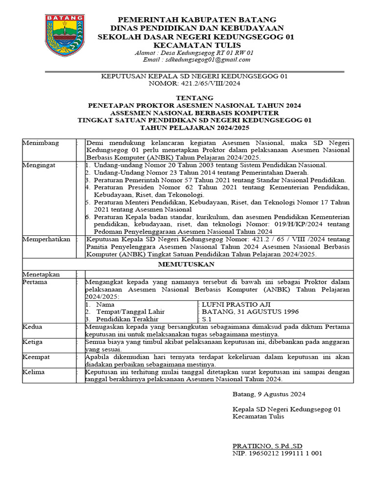 SK Proktor ANBK Tahun 2024 Tingkat Satuan Pendidikan | PDF