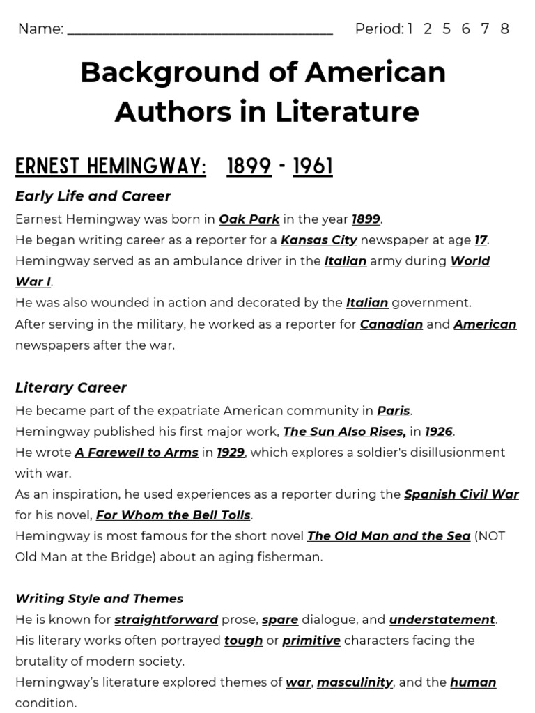 Background of American Authors in Literature: Ernest Hemingway: 1899 ...