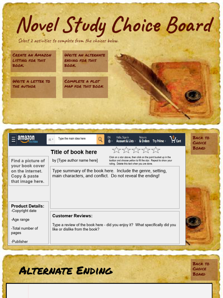 Novel Study Activities Choice Board | PDF | Books | Plot (Narrative)