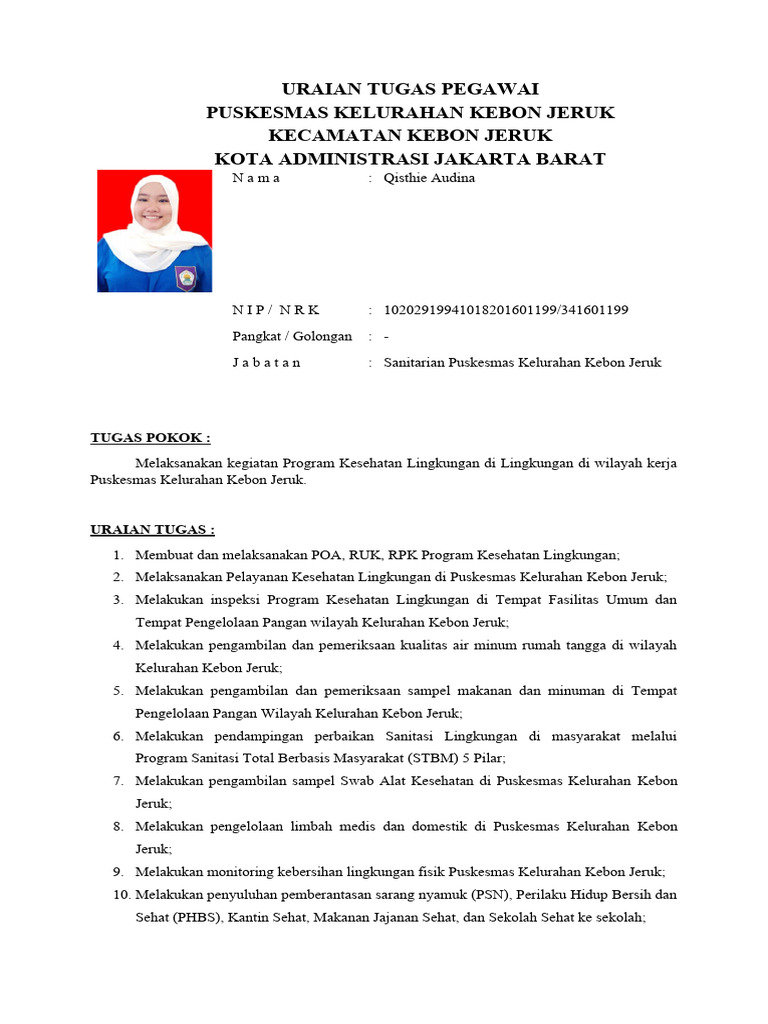 Uraian Tugas Sanitarian | PDF | Pengembangan Diri | Kesehatan Holistik