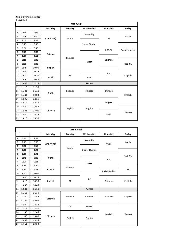 Arielle's 2023 Class Timetable | PDF | Teaching Methods & Materials