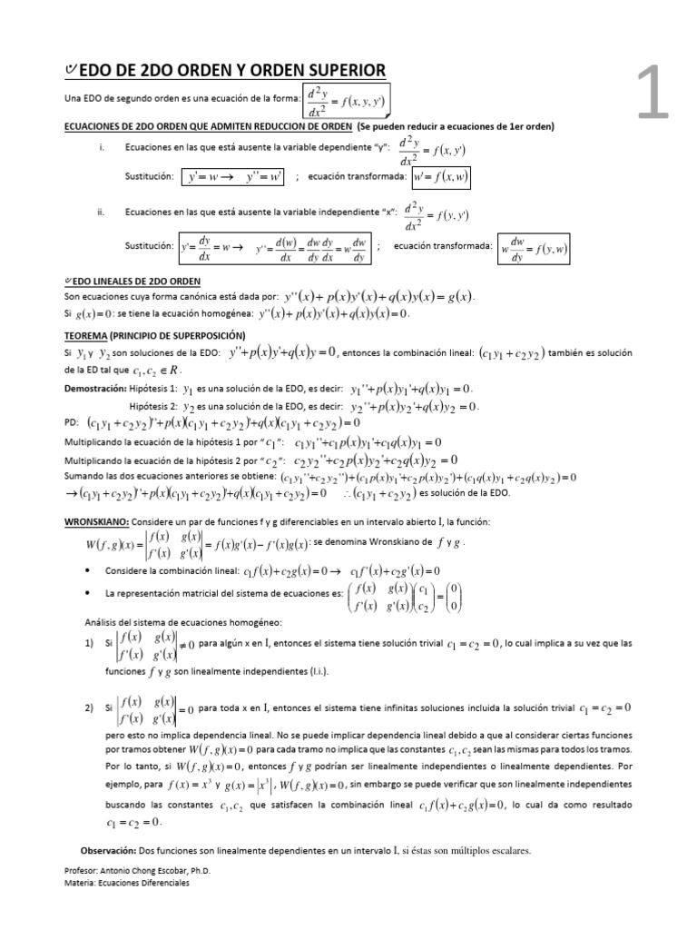ODEs (2nd & Nth Order) Theory (Part 1 UPDATED) | PDF | Ecuaciones ...