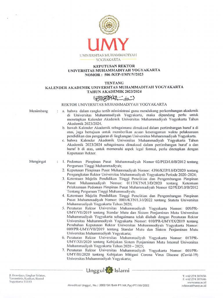 SK - 506 Kalender Akademik UMY TA 2023 2024 | PDF