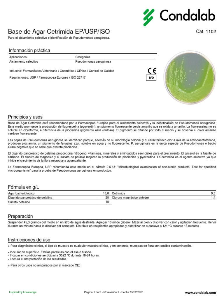 FT Base Agar Cetrimide Ep Usp Iso x500g Ref.1102 Condalab | PDF | Pseudomonas | Pseudomonas ...