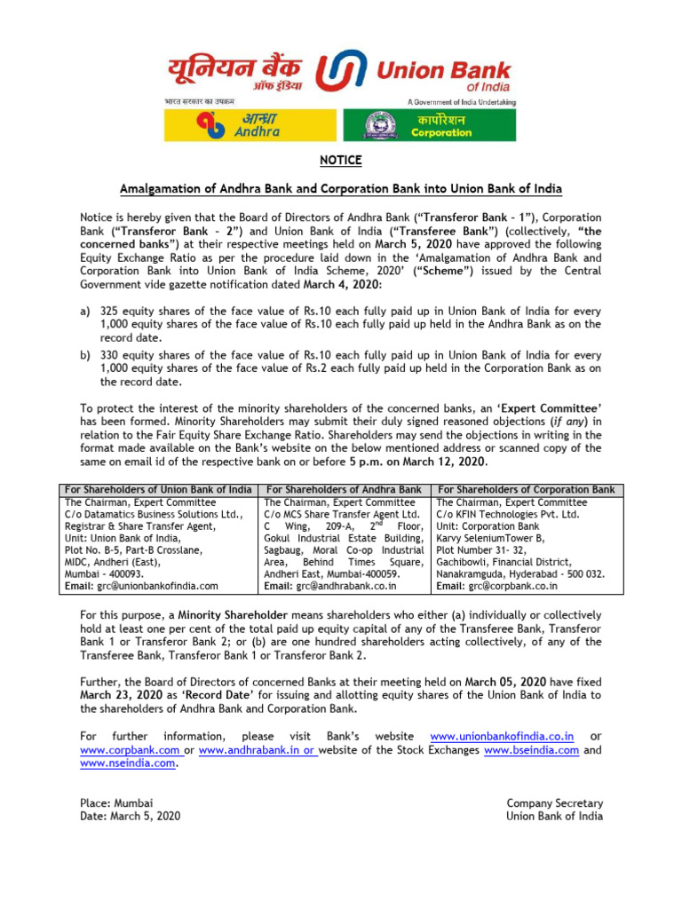 Newspaper Publication Amalgmation Notice | PDF | Stocks | Board Of Directors