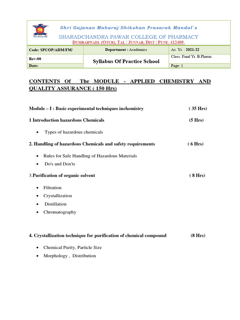 Final Year B.Pharm Practice School Syllabus | PDF | Chromatography ...