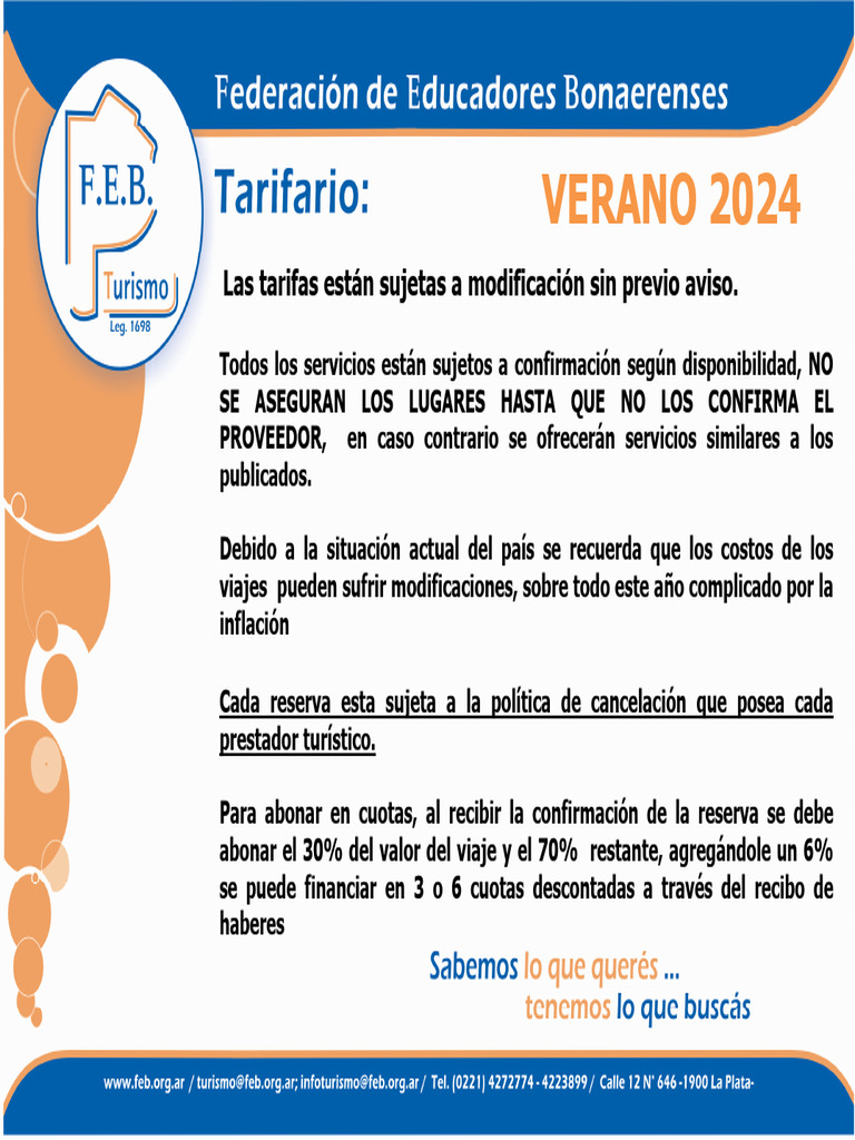 Tarifario Verano 2024 | PDF