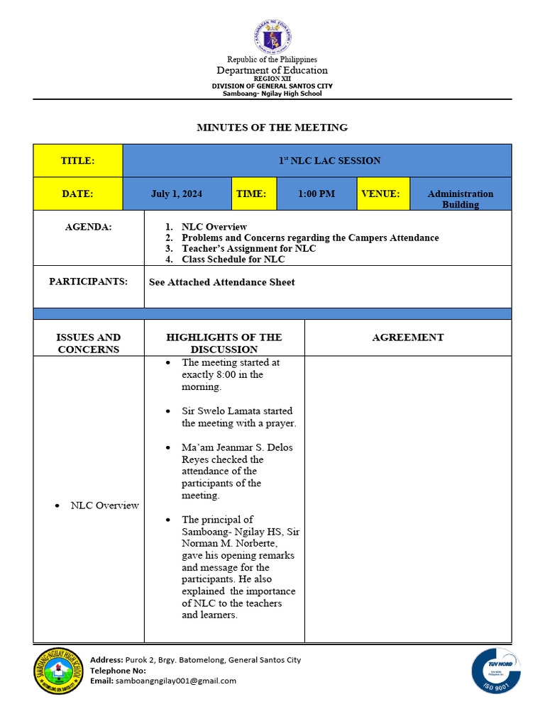 NLC Minutes (1st LAC Session) | PDF | Behavior Modification | Learning