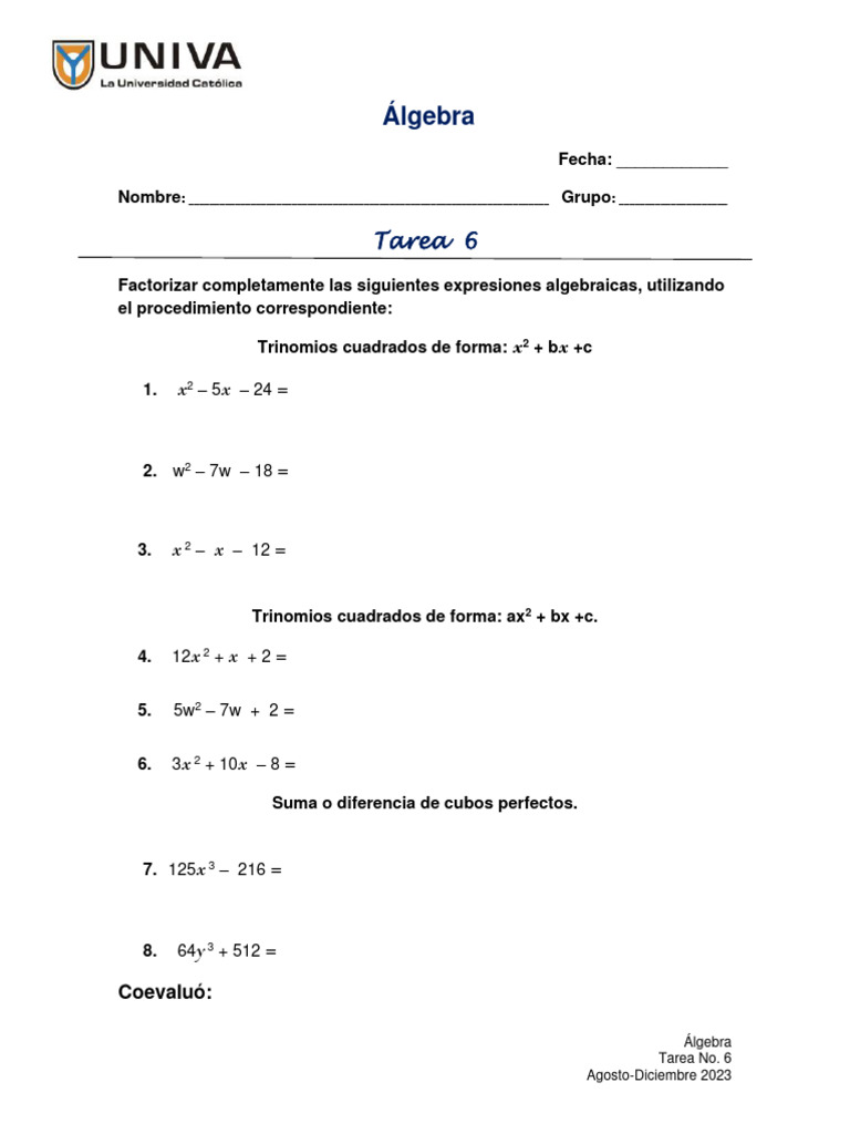 Tarea de Álgebra: Factorización | PDF | Matemáticas