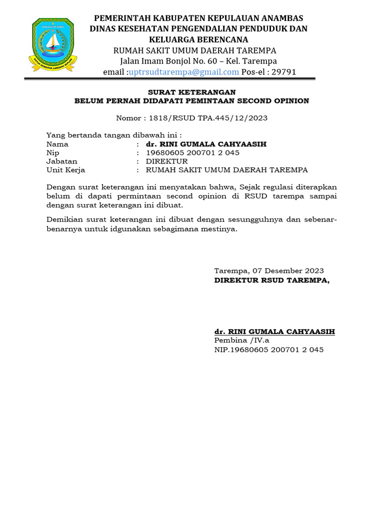 SURAT KETERANGAN Permintaan Second Opinion | PDF | Hukum