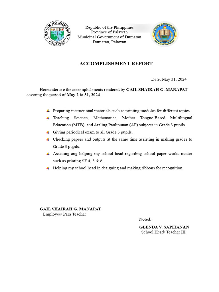 Accomplishment Report (May) | PDF | Teachers | Educational Stages