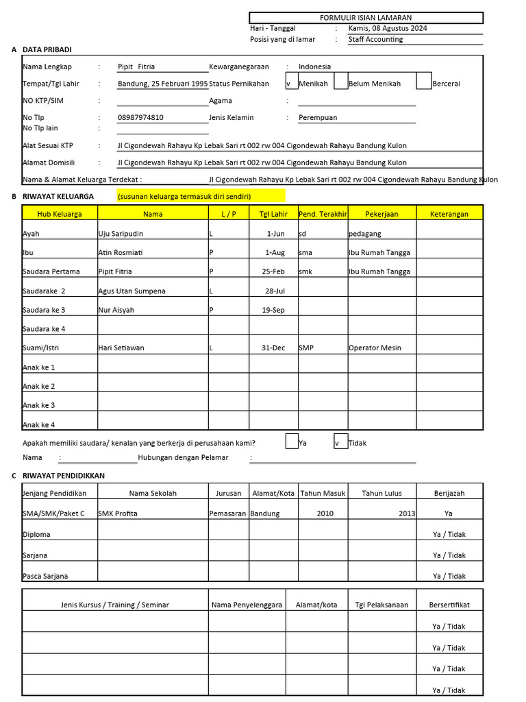 Formulir Isian Lamaran | PDF