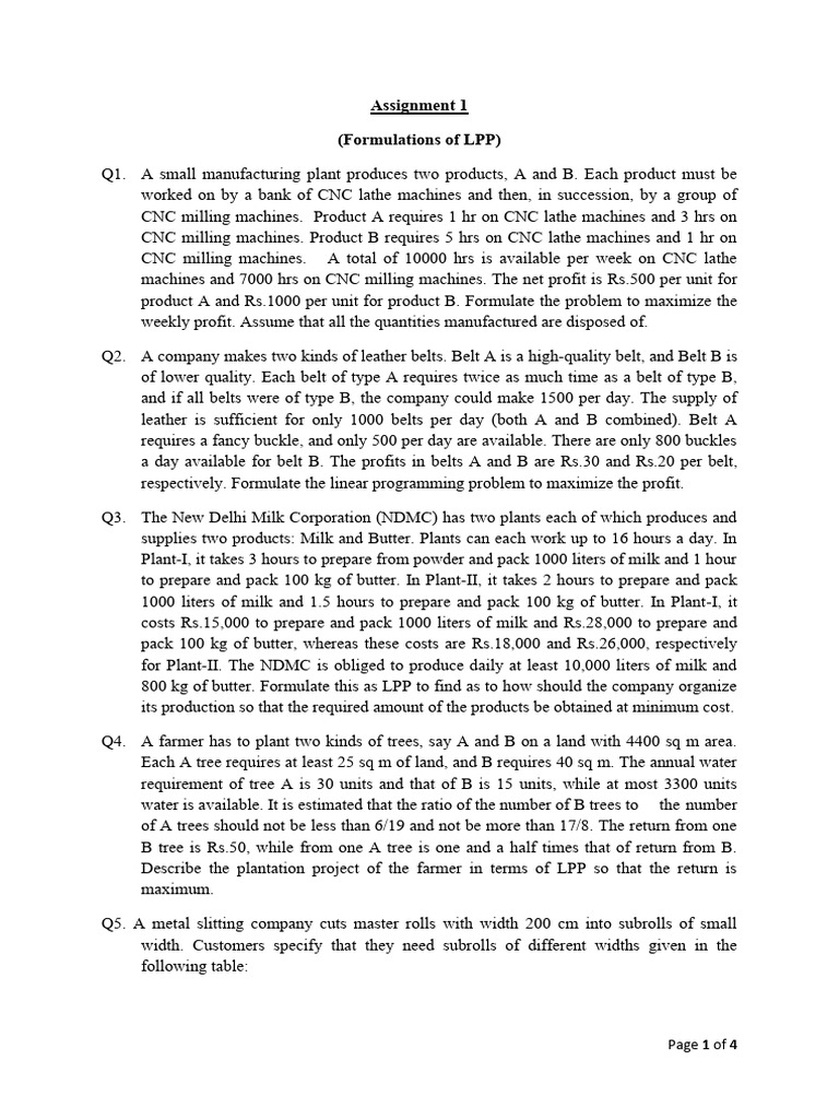 Assignment 1 - Formulations | PDF | Profit (Economics) | Numerical Control