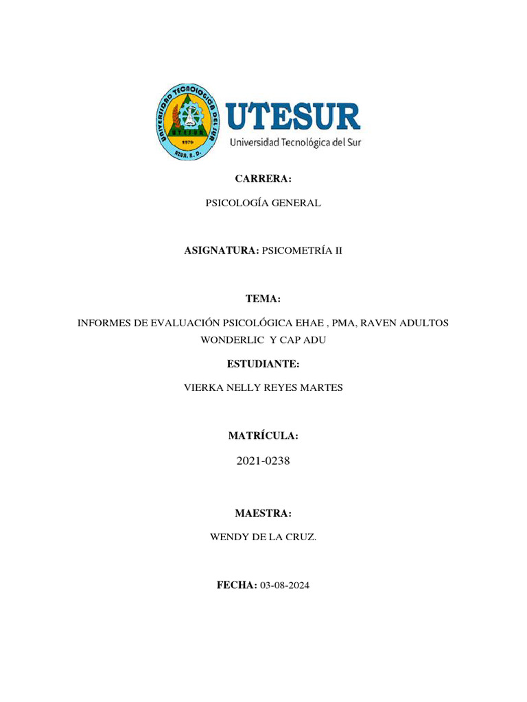 Pma, Raven, Ehae, Wonderlic y Cap Adu | PDF | Las emociones | Aprendizaje