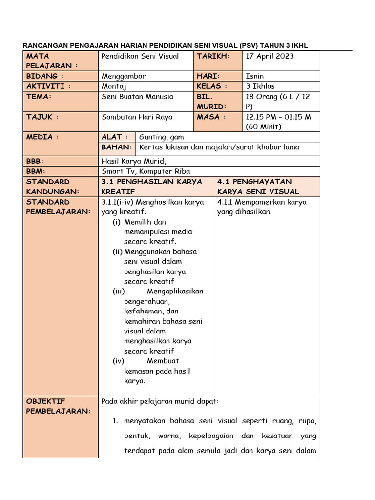 RPH PSV Tahun 3: Montaj Hari Raya | PDF