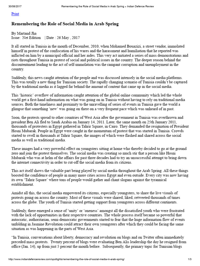 Remembering The Role of Social Media in Arab Spring Indian Defence Review | PDF | Arab Spring ...