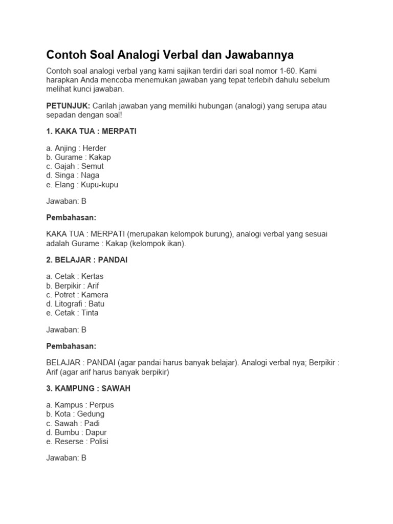 Contoh Soal Analogi Verbal Dan Jawabannya | PDF | Seni & Disiplin Bahasa