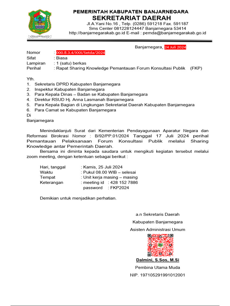 Undangan Rapat Pemantauan Forum Konsultasi Publik (FKP) Melalui Sharing Knowledge Antar Pemda ...