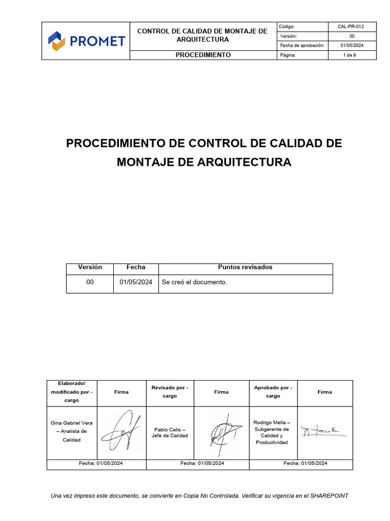 CAL-PR-012 Control de Calidad de Montaje de Arquitectura | PDF