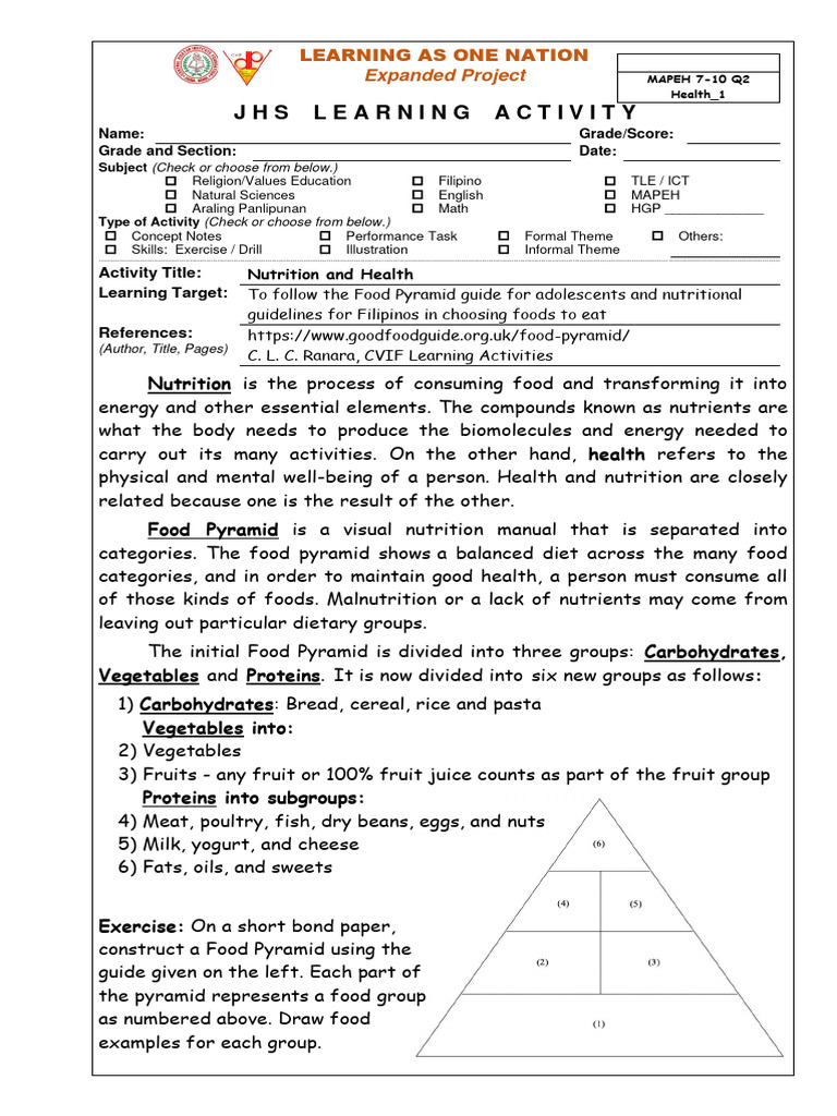 MAPEH 7-10 Q2 Health - LAS 1 Nutrition and Health | PDF | Foods | Nutrition