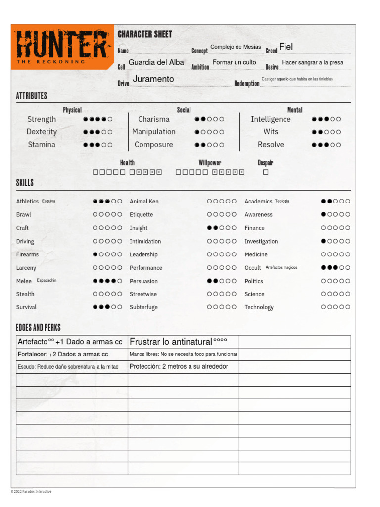 WoD Ficha Hunter Angelo | PDF | Creencia religiosa y doctrina | Actitud psicológica