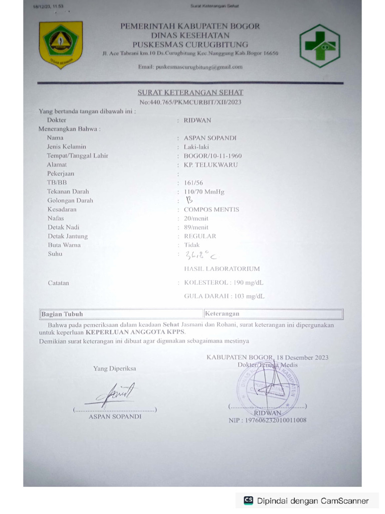 Surat Keterangan Sehat Aspan | PDF