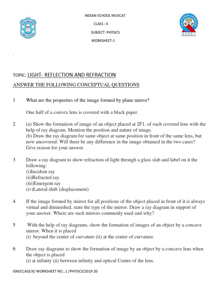 Class - X - Physics - Light Reflection and Refraction - Worksheet - 1 ...