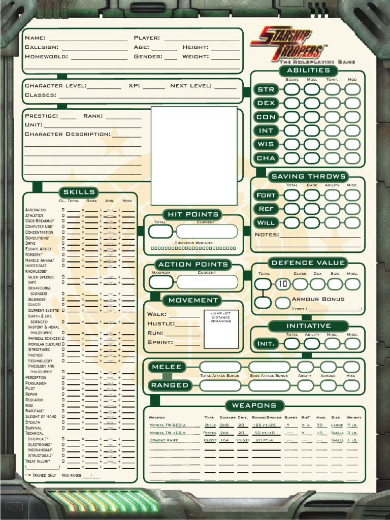 Starship Troopers - Fillable Character Sheet | PDF | Firearms | Linguistics